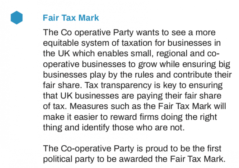 Co-operative Party puts the Fair Tax Mark in its manifesto